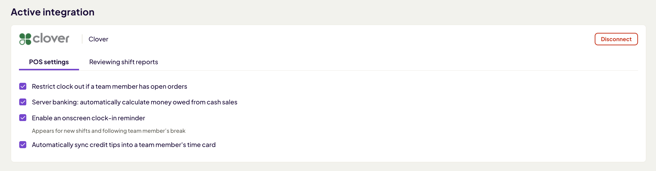 Clover Settings on Homebase