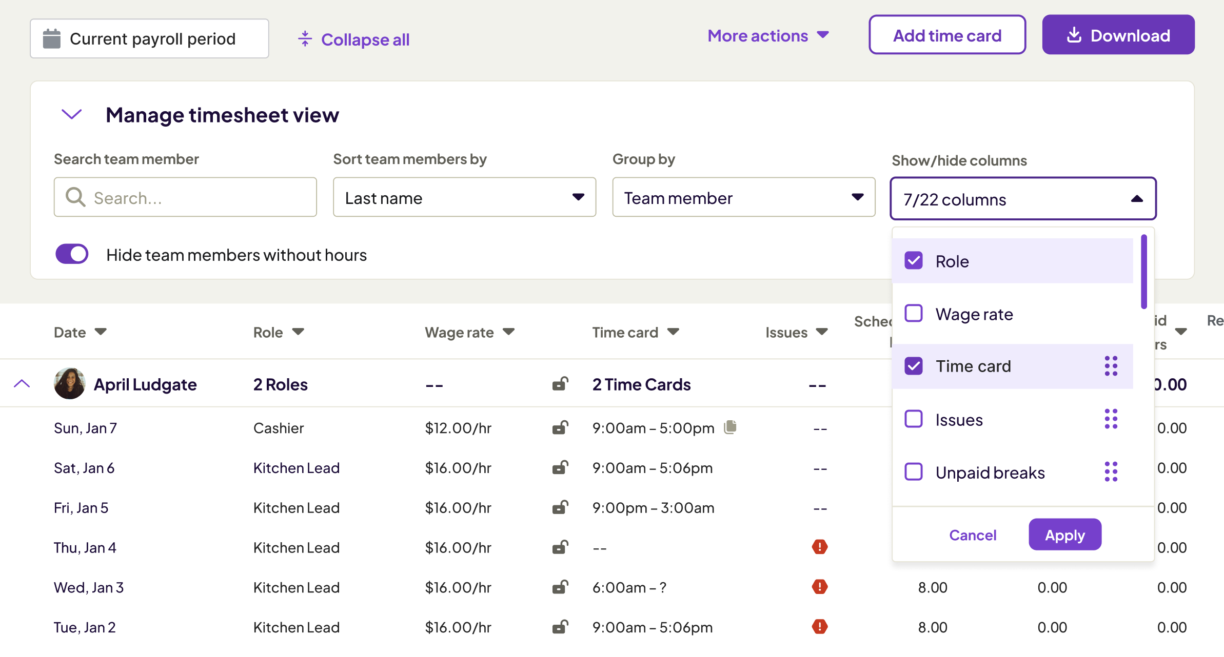 Understanding Timesheet Columns