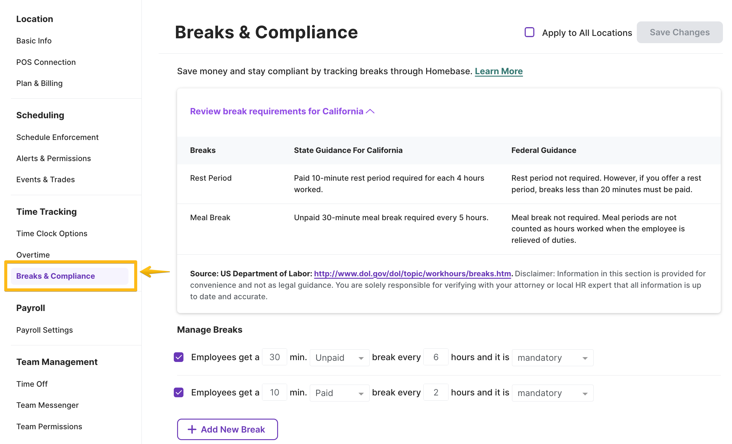 Breaks & Compliance Settings